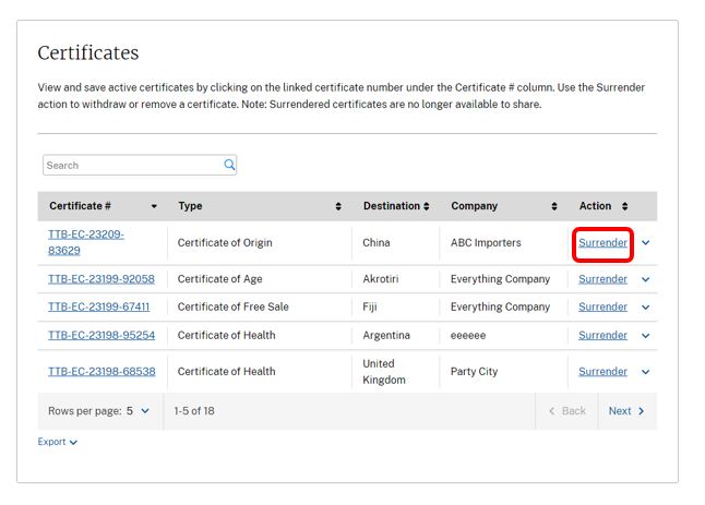 TTBGov - Electronic Export Certificate User Guide - Surrender