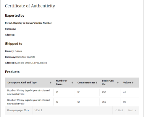 TTBGov - Electronic Export Certificate User Guide - Create