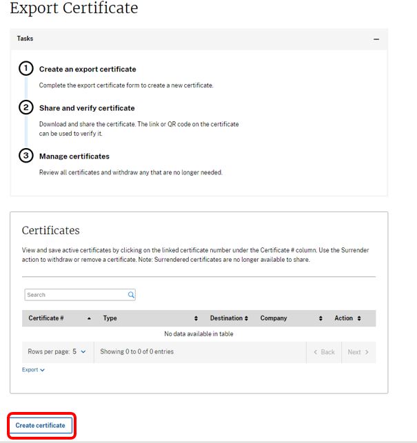 TTBGov - Electronic Export Certificate User Guide - Create